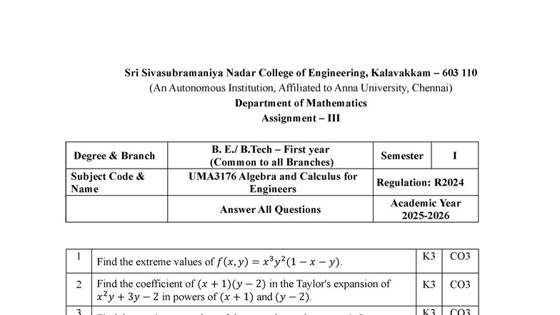 B.Tech UMA3176 Algebra & Calculus Assignment - 3 - Studocu