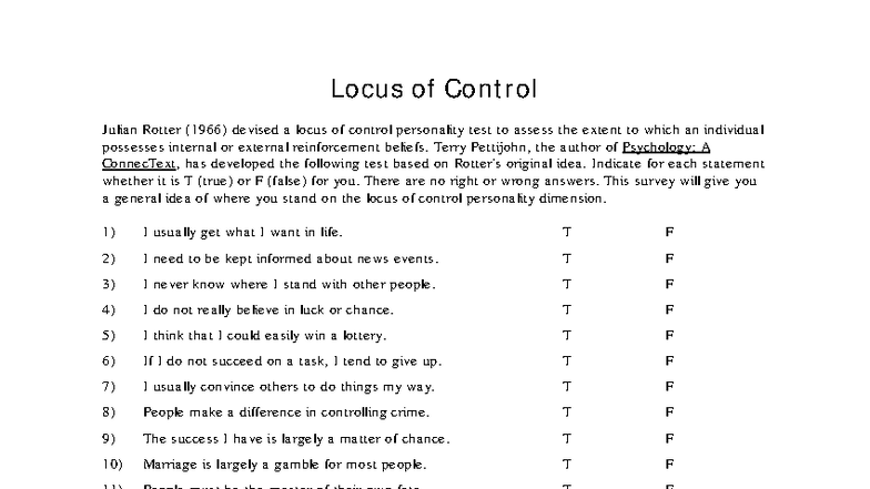 Locus of Control Personality Test - Psychology 101 - Studocu