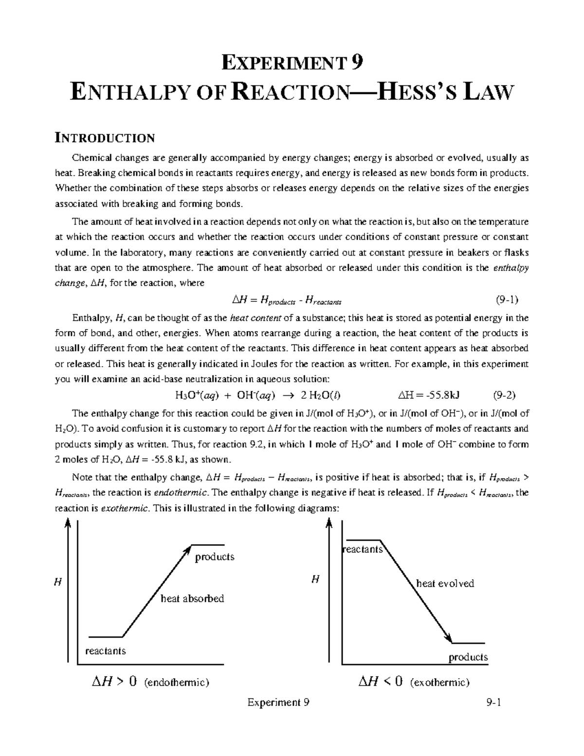 Exp. 9 Enthalpy of Reaction: Calorimetry & Hess's Law Analysis - Studocu