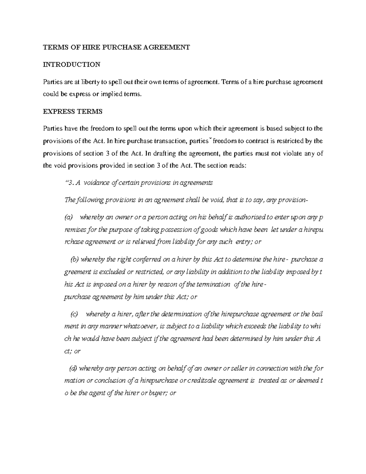 Terms of Hire Purchase Agreement: Legal Framework & Implications - Studocu