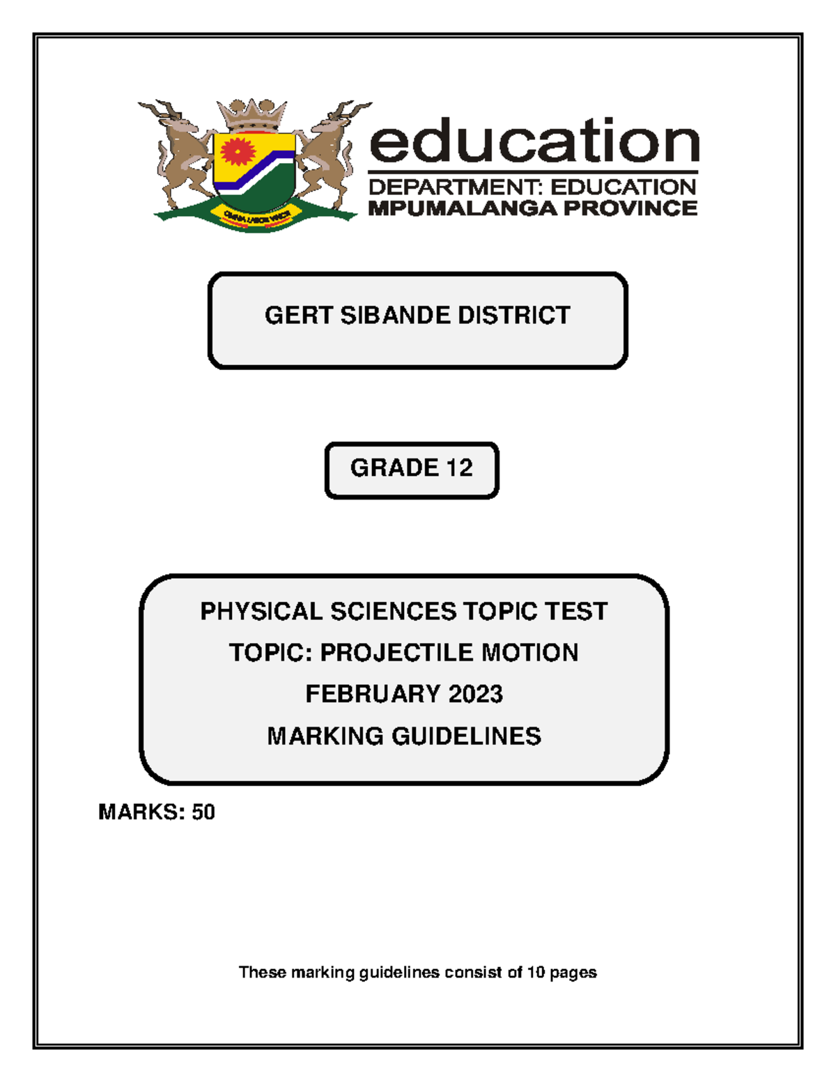 Grade 12 Physical Sciences Topic Test - Projectile Motion (VPM 2023 ...