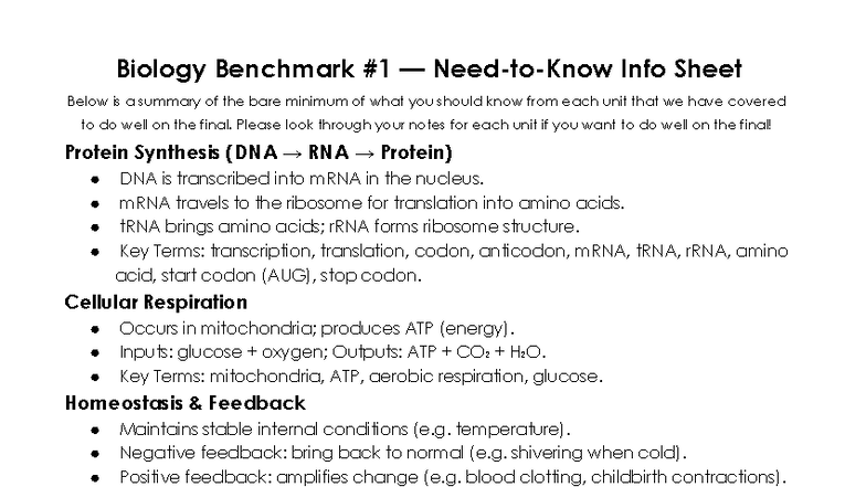 Biology 101 Final Exam: Key Concepts & Info Sheet - Studocu