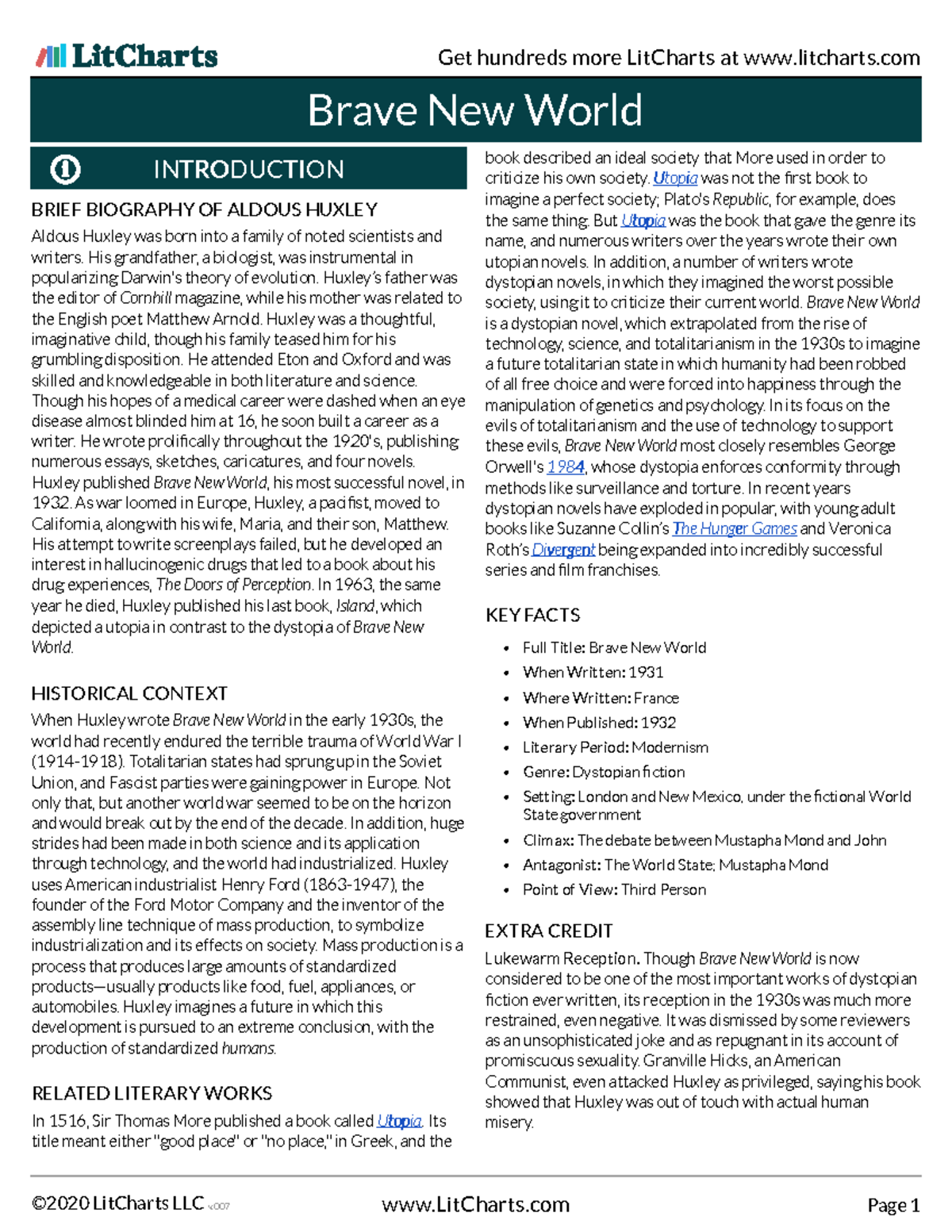 Brave-New-World-Lit Chart - Brave New World BRIEF BIOGRAPHY OF ALDOUS ...