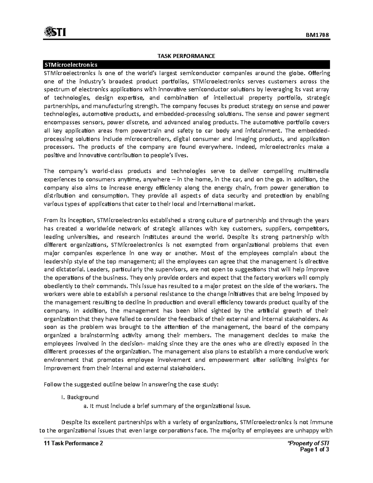 Task Performance STMicroelectronics - TASK PERFORMANCE STMicroelectronics STMicroelectronics is ...