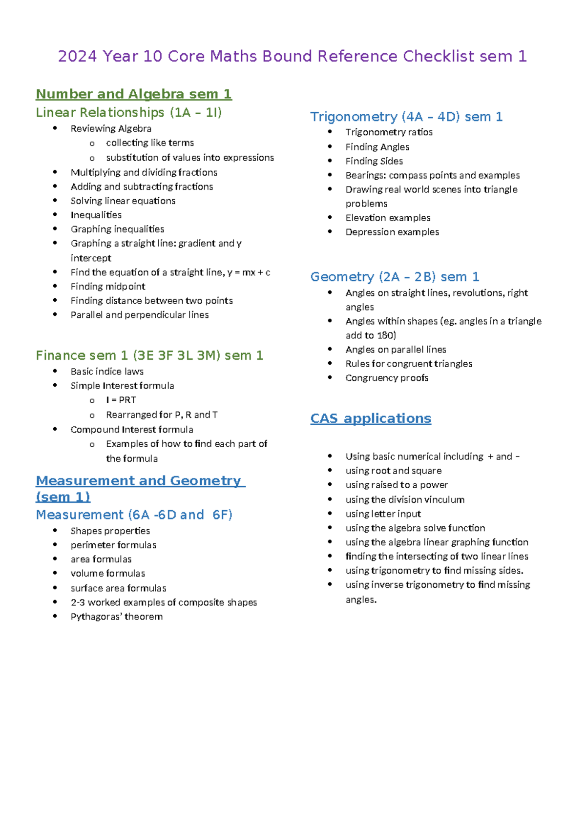 2024 Year 10 Core Maths Reference Checklist: Sem 1 Topics - Studocu