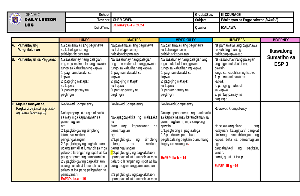 Q2 DLL ESP3 WEEK-8 ff - DLL - GRADE 2 DAILY LESSON LOG School Grade&Sec ...