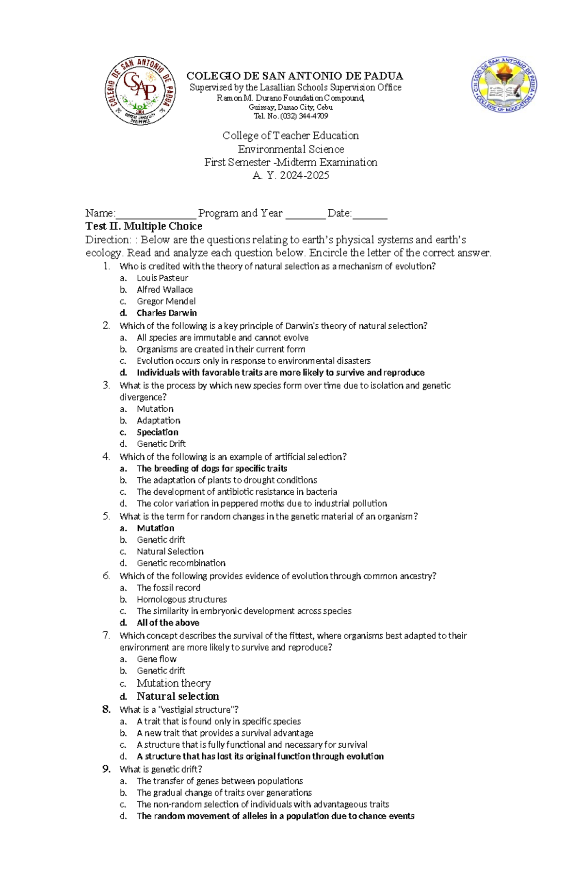 Midterm Exam: Environmental Science (A.Y. 2024) - Test II Questions ...