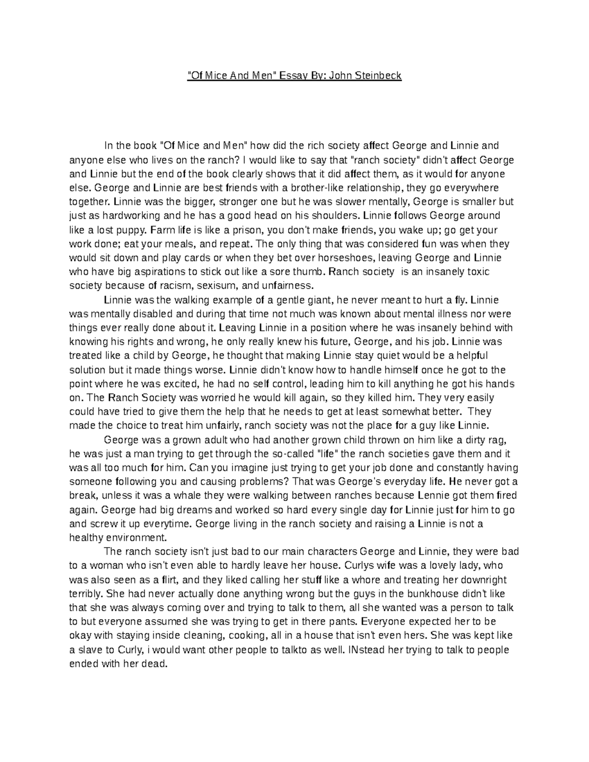 Of Mice and Men Essay: The Impact of Ranch Society on George and Lennie ...