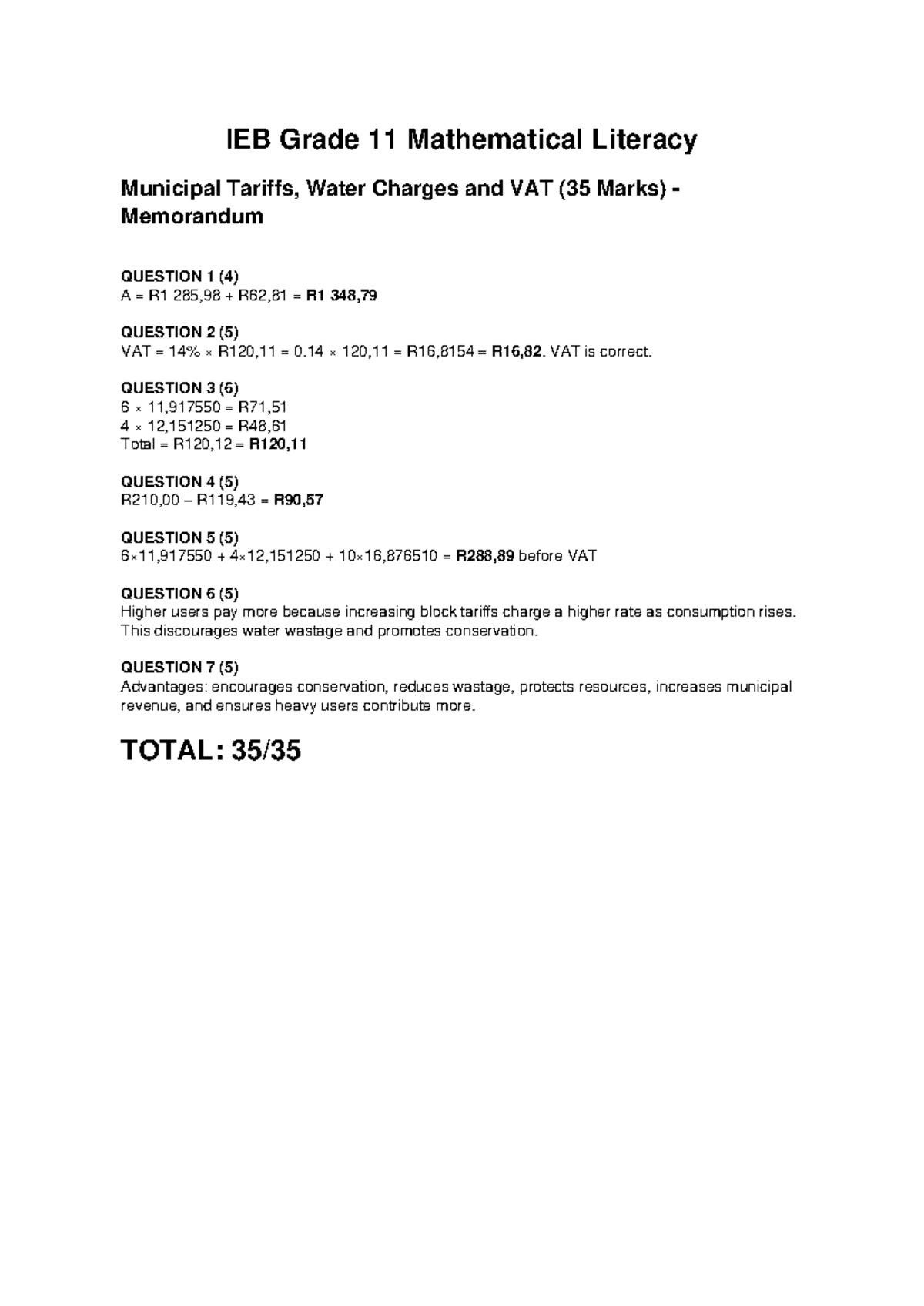 IEB Grade 11 Maths Lit Municipal Tariffs & VAT Memo (35 Marks) - Studocu