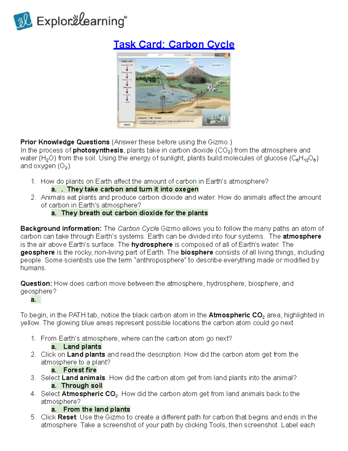 Task Card: Carbon Cycle Gizmo Prior Knowledge Questions - Studocu
