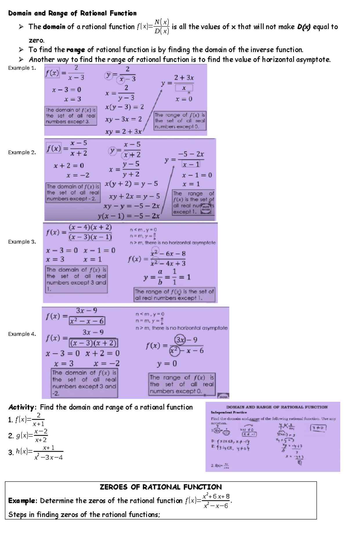 Domain and Range of Rational Functions - GEN MATH Activity - Studocu