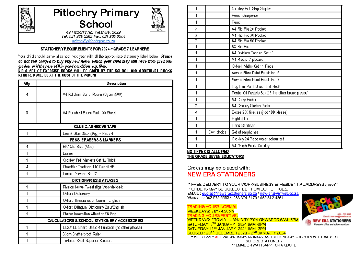 Pitlochry School Grade 7 2024: Stationery Requirements Overview - Studocu