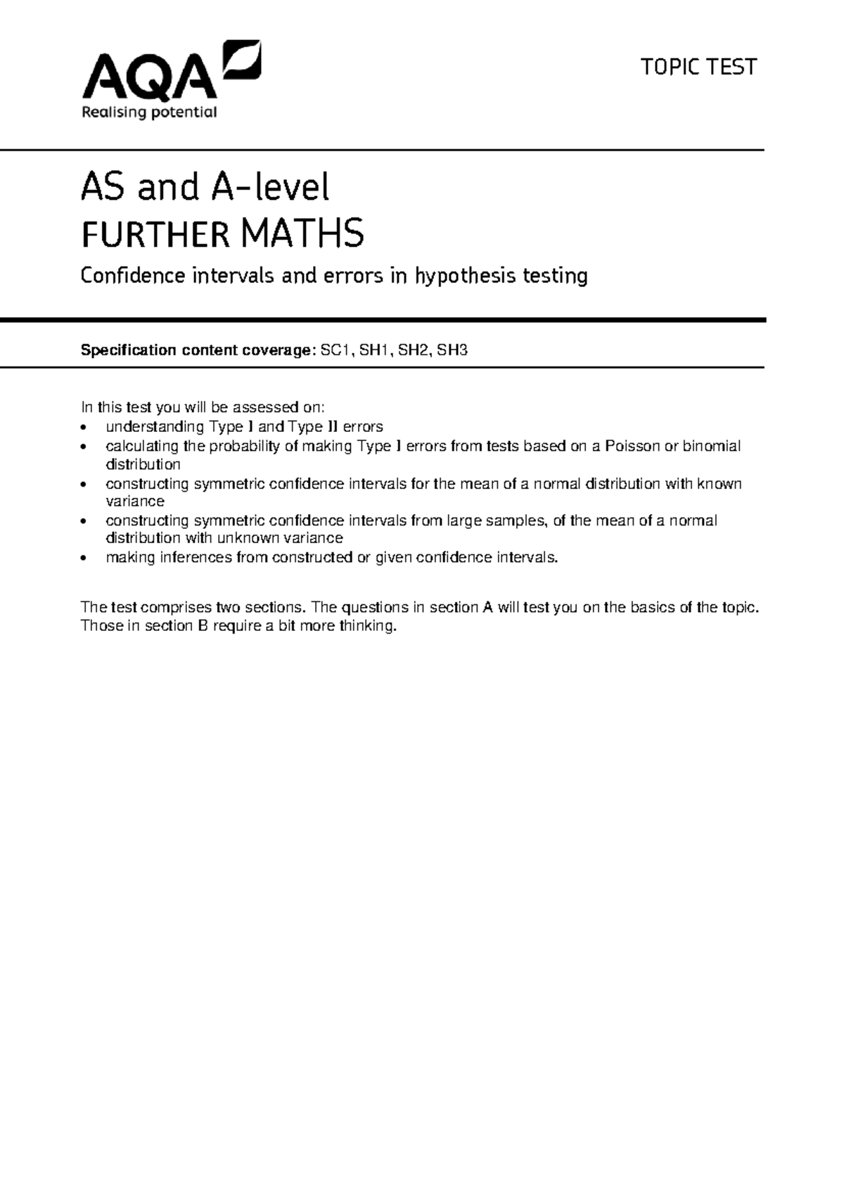 TOPIC TEST AS & FURTHER MATHS: Confidence Intervals & Errors in ...