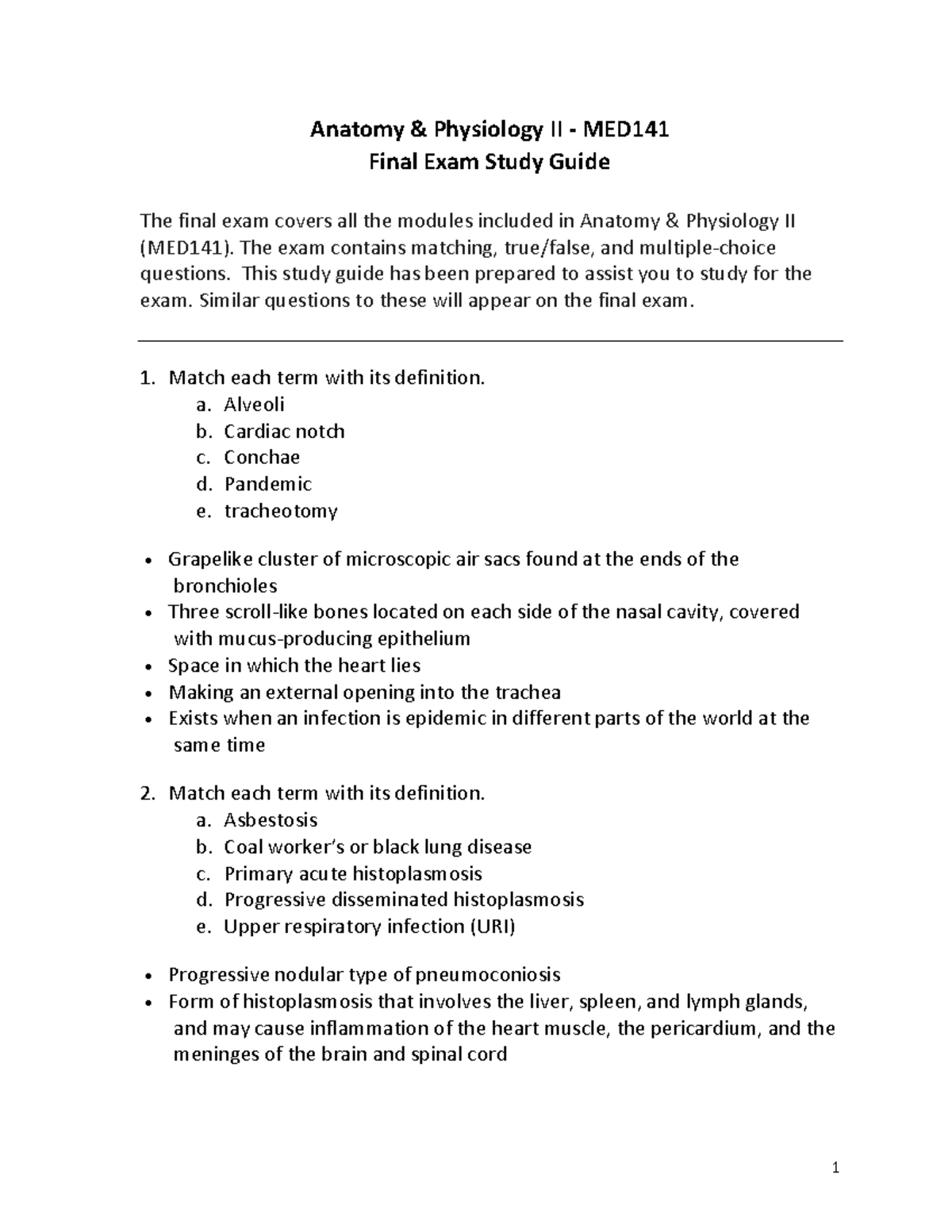 Anatomy Physiology II (MED141) Final Exam Study Guide Overview - Studocu