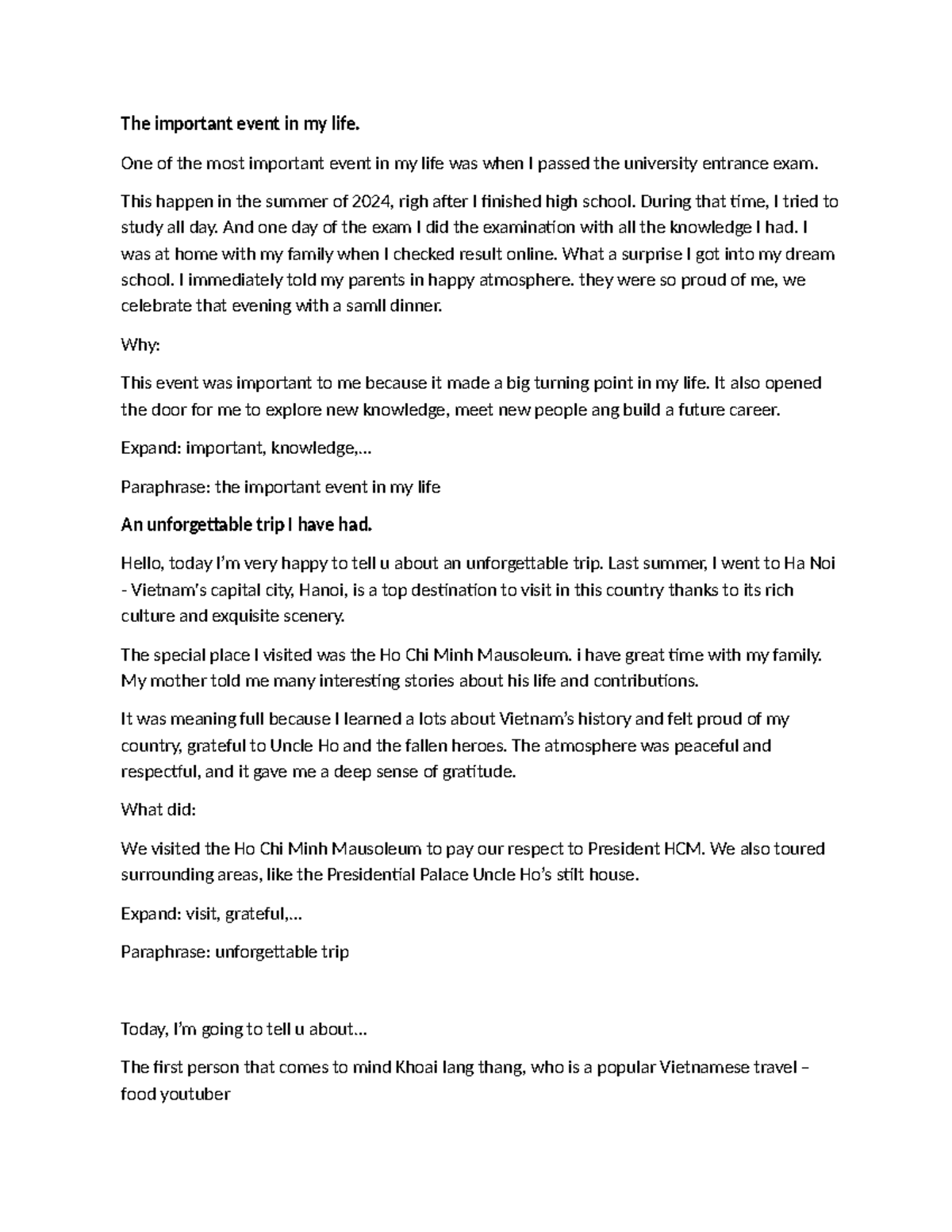 EN2 Speaking: Memorable Life Events and Unforgettable Trips - Studocu