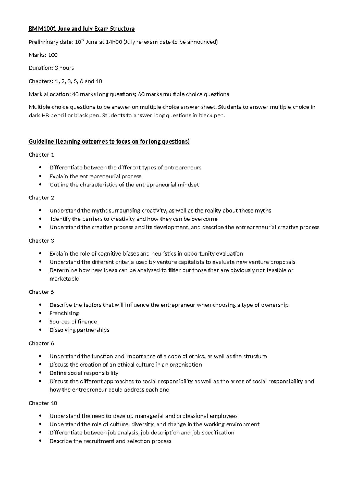 BMM1001 June Exam Structure and Guidelines for Long Questions - Studocu