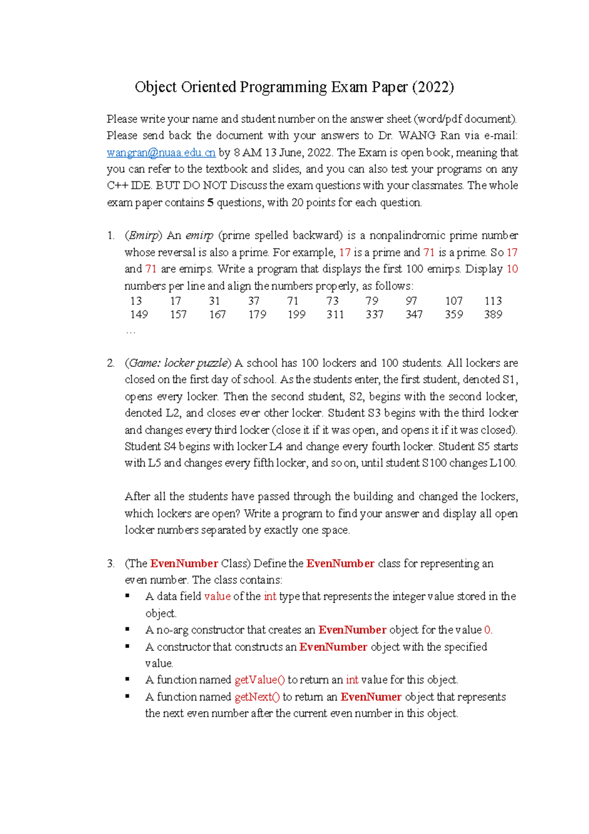 Object-Oriented Programming (OOP) Exam Paper (2022) - Final Exam - Studocu