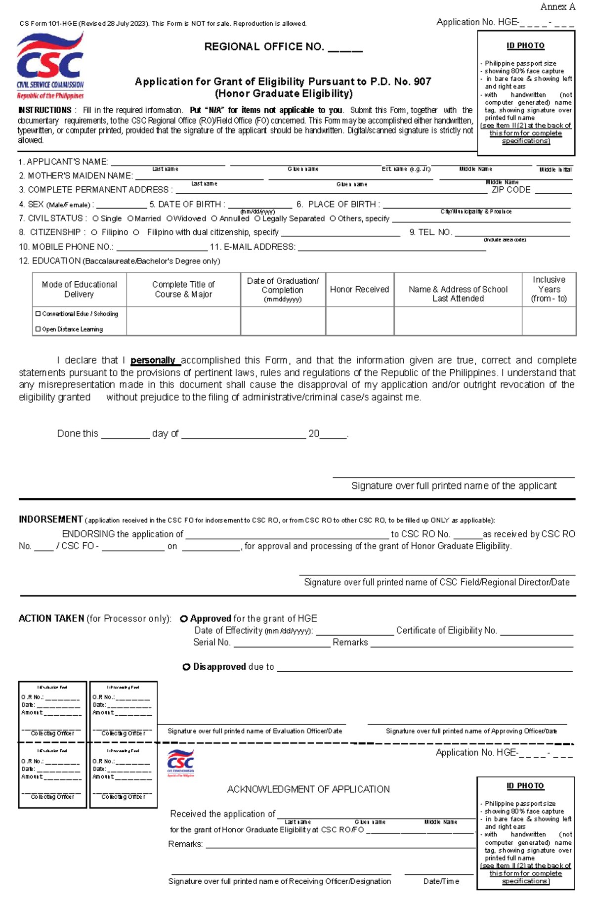 CS-Form-101-HGE Application for Honor Graduate Eligibility 2023 - Studocu