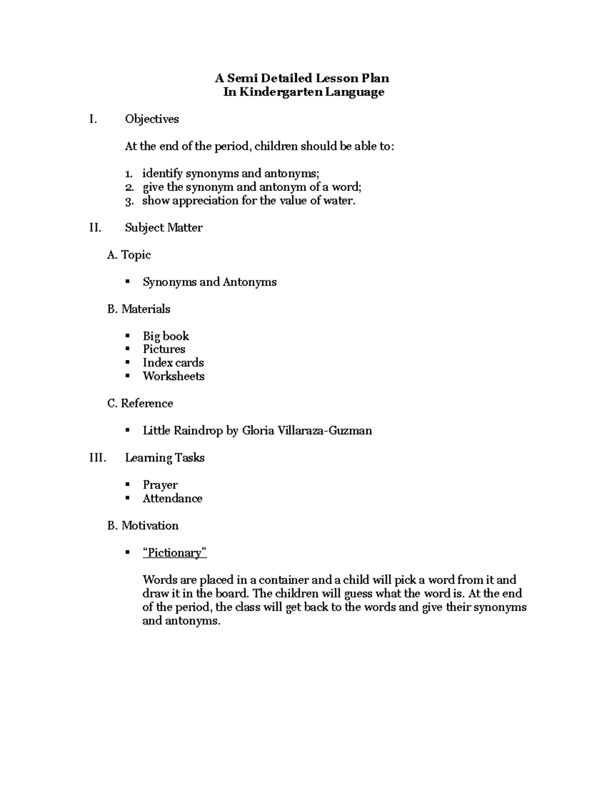 lesson plan about Antonyms and synonyms - A Semi Detailed Lesson Plan ...