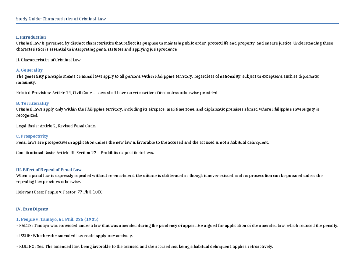 Characteristics of Criminal Law Study Guide (CRIM101) - Studocu