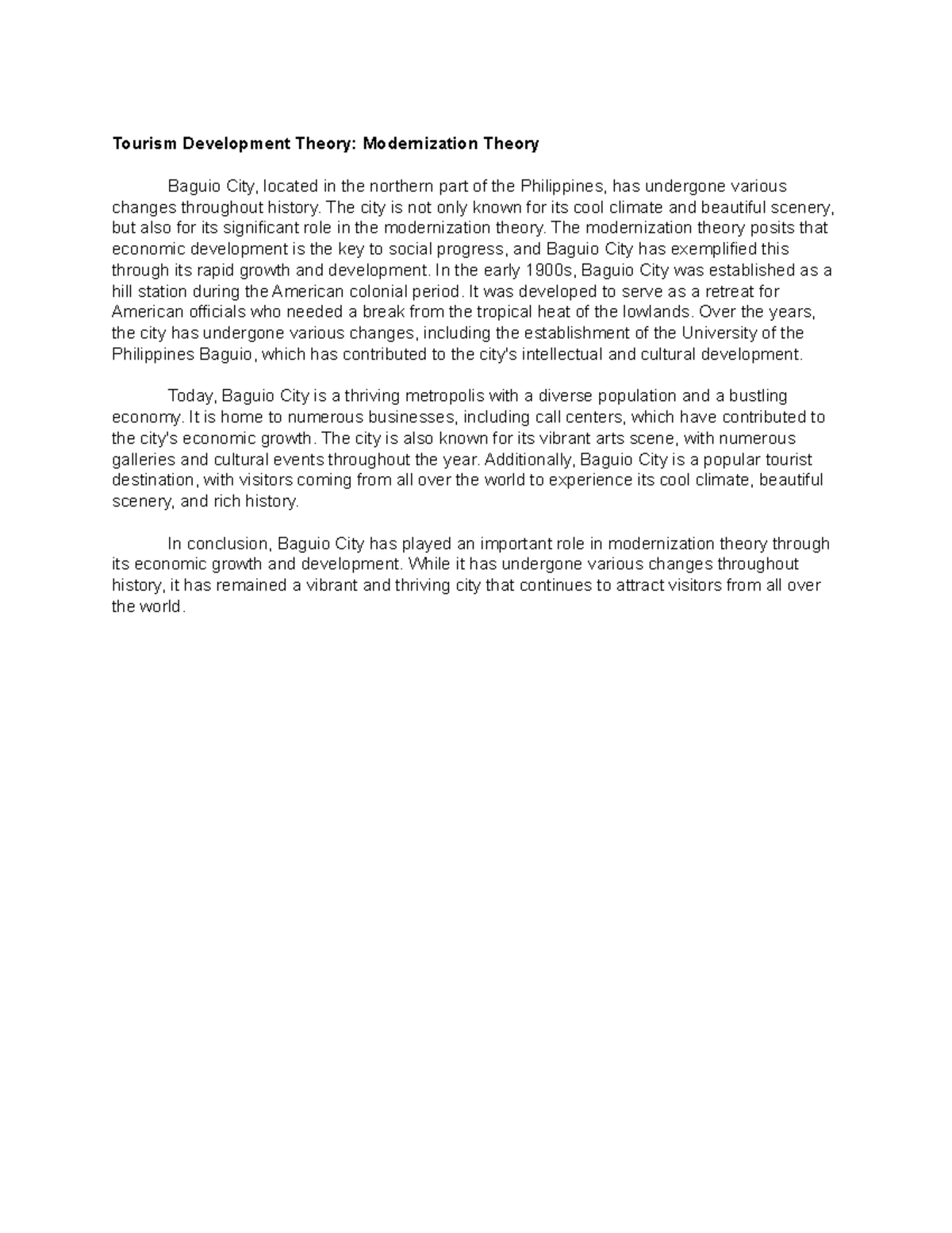 Tourism Development Theory: Baguio & Modernization Influence - Studocu
