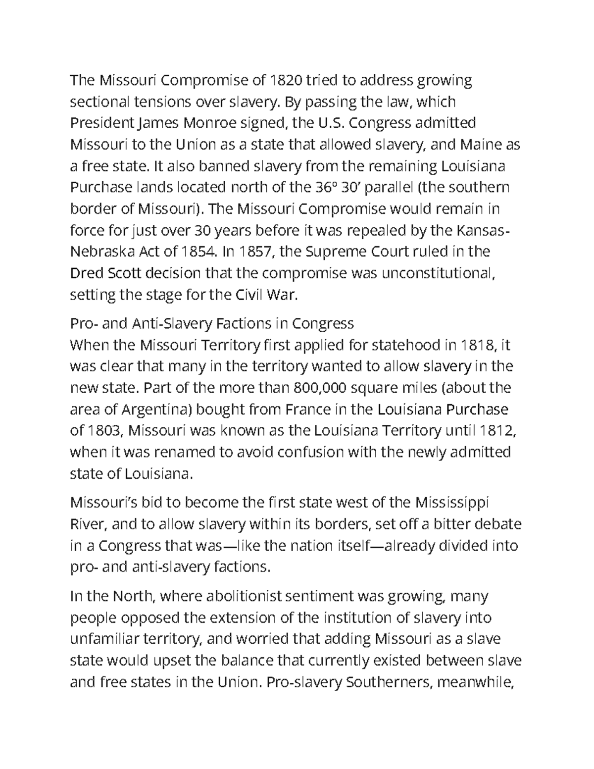 Missouri Compromise (1820) - Lecture Notes on Slavery Debate - Studocu