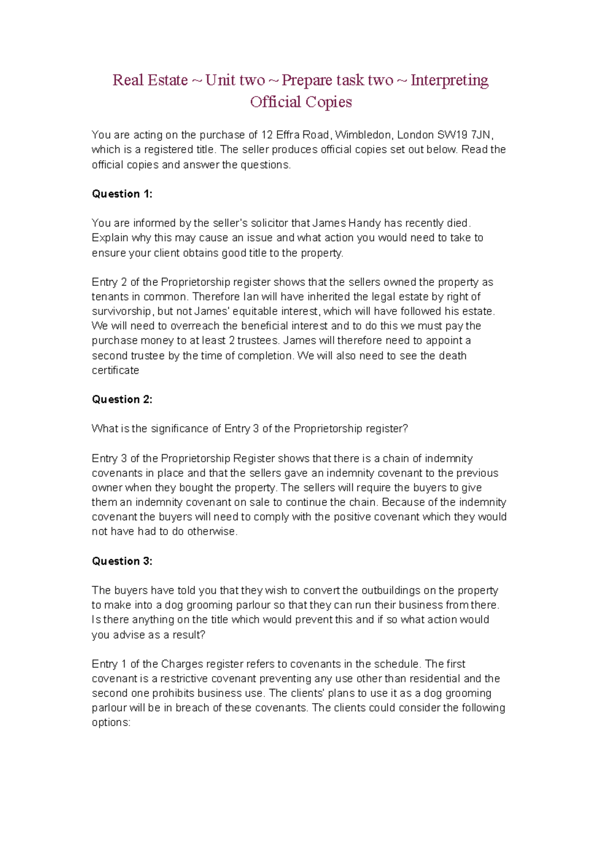 Real Estate Unit 2: Interpreting Official Copies & Title Issues - Studocu