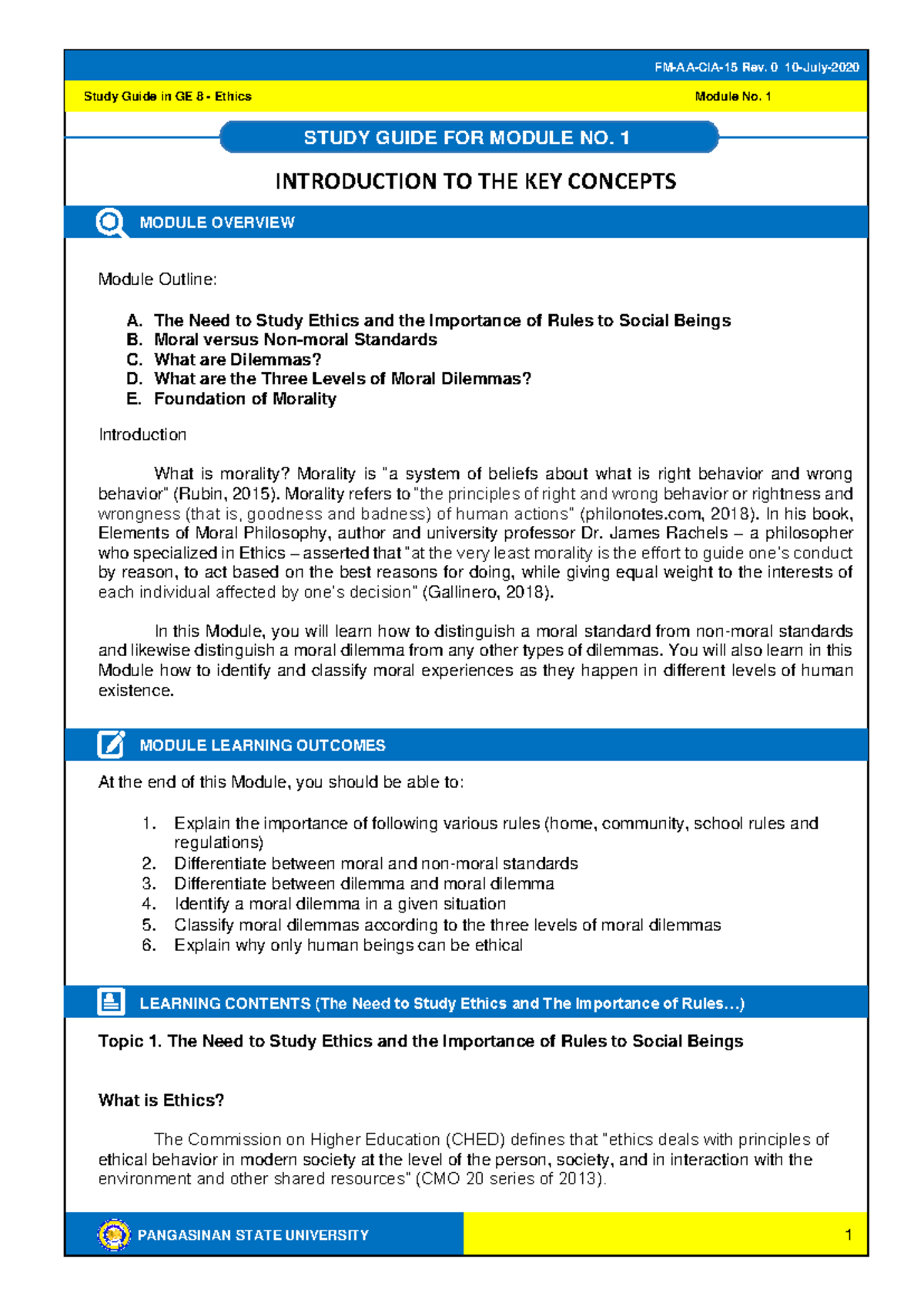 GE 8 Ethics Study Guide for Module 1: Key Concepts and Learning ...