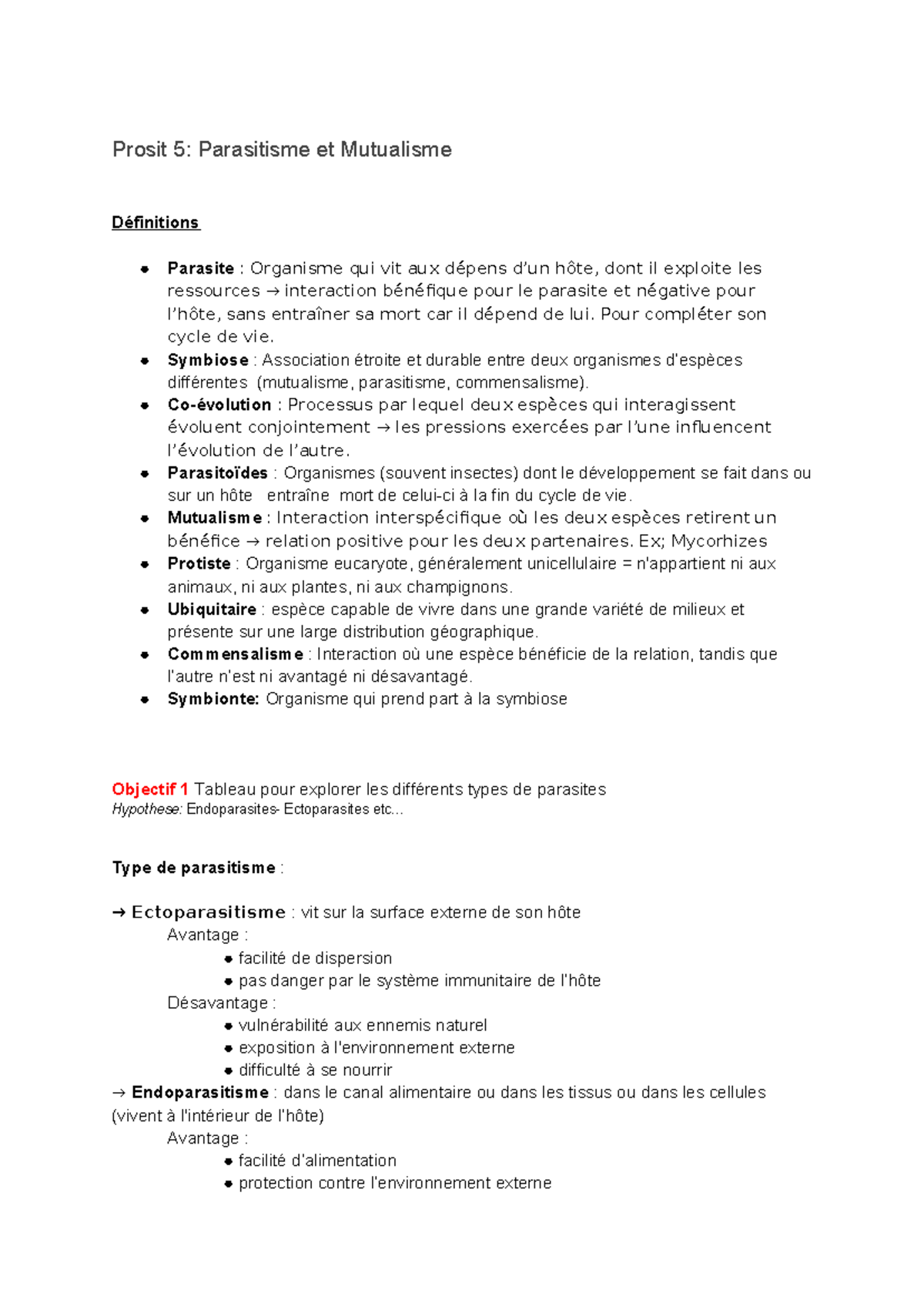 Prosit 5: Définitions et Interactions entre Parasitisme et Mutualisme ...