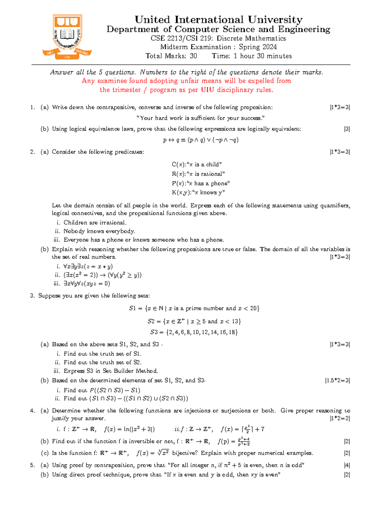 UIU CSE 219 Discrete Mathematics Midterm Exam Spring 2024 - Studocu