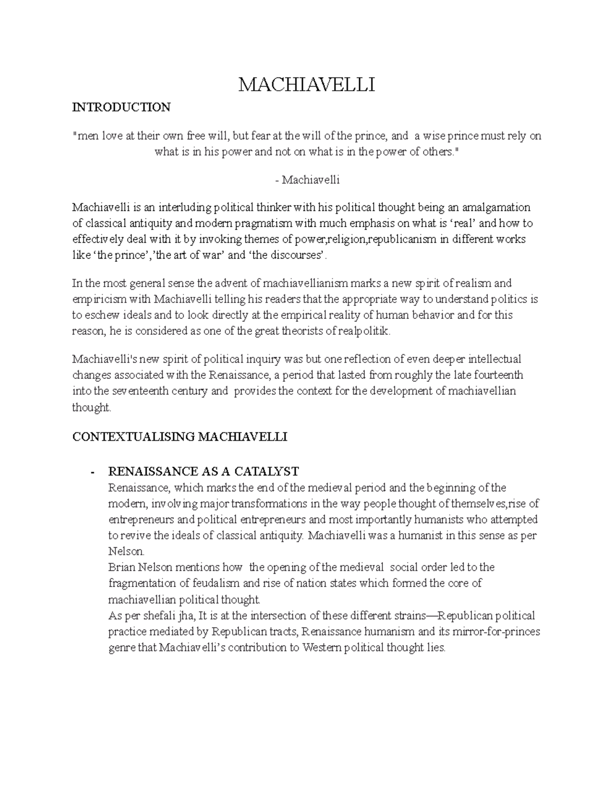 MACHIAVELLI: RENAISSANCE POLITICAL THOUGHT & STATECRAFT ANALYSIS - Studocu