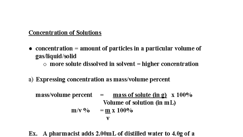 Concentration of Solutions: Understanding Percent and Molarity - Studocu