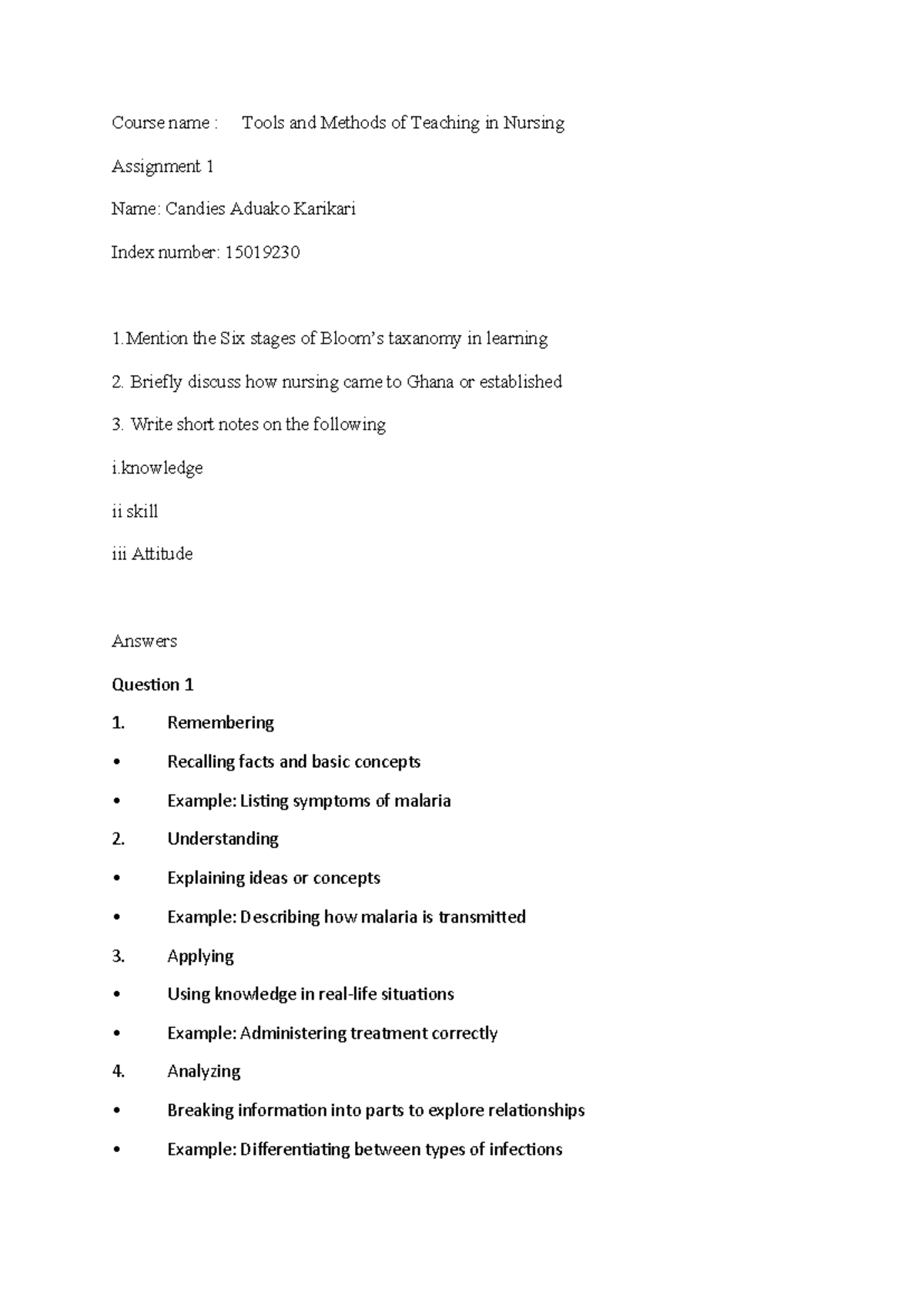 NUR 101: Assignment 1 - Taxonomy Stages & Nursing in Ghana - Studocu