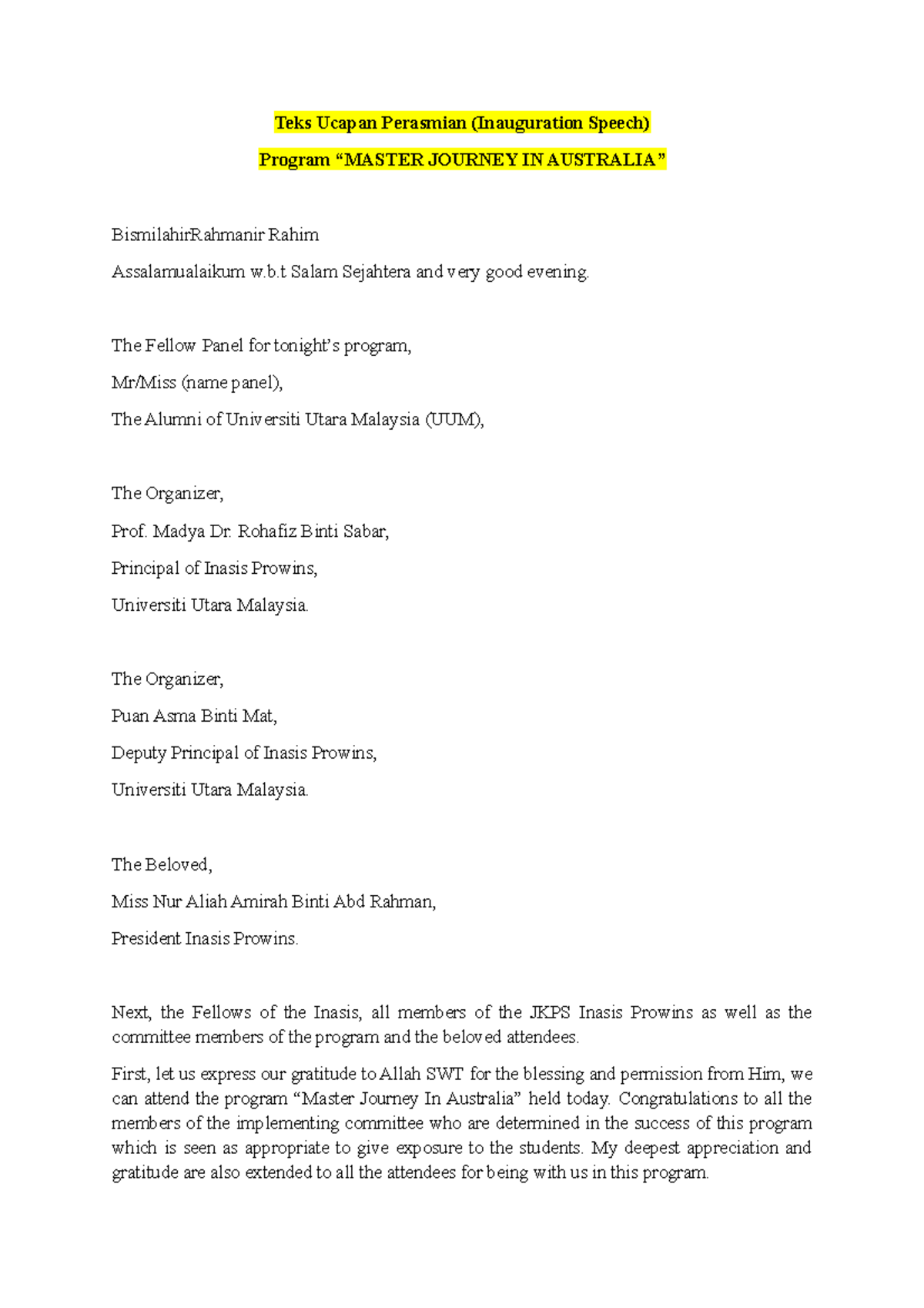 Teks Ucapan Perasmian Program "Master Journey in Australia" - Studocu