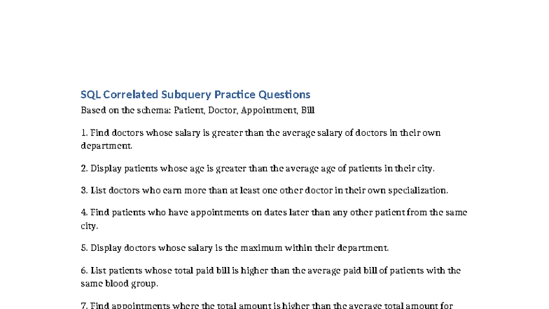 SQL Correlated Subquery Practice Questions for Patient & Doctor Schema ...