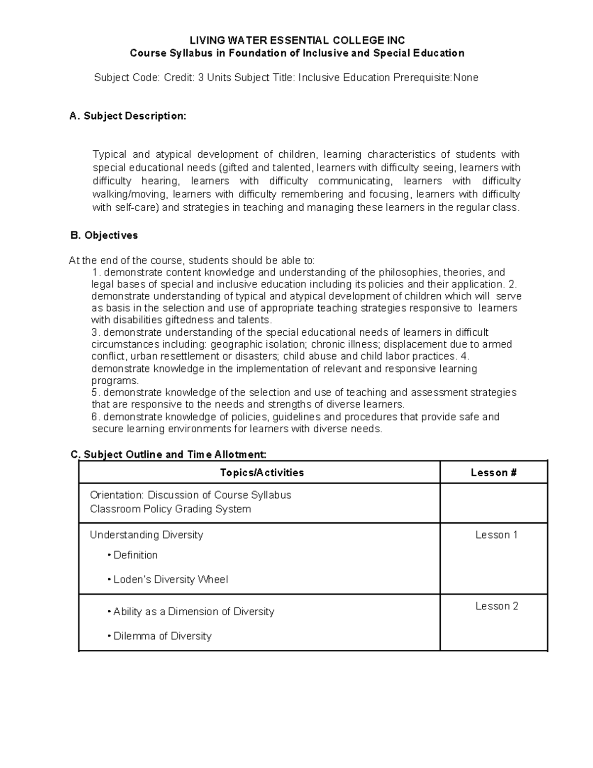 Course Syllabus: Inclusive Education (FOUND 101) - 3 Units - Studocu