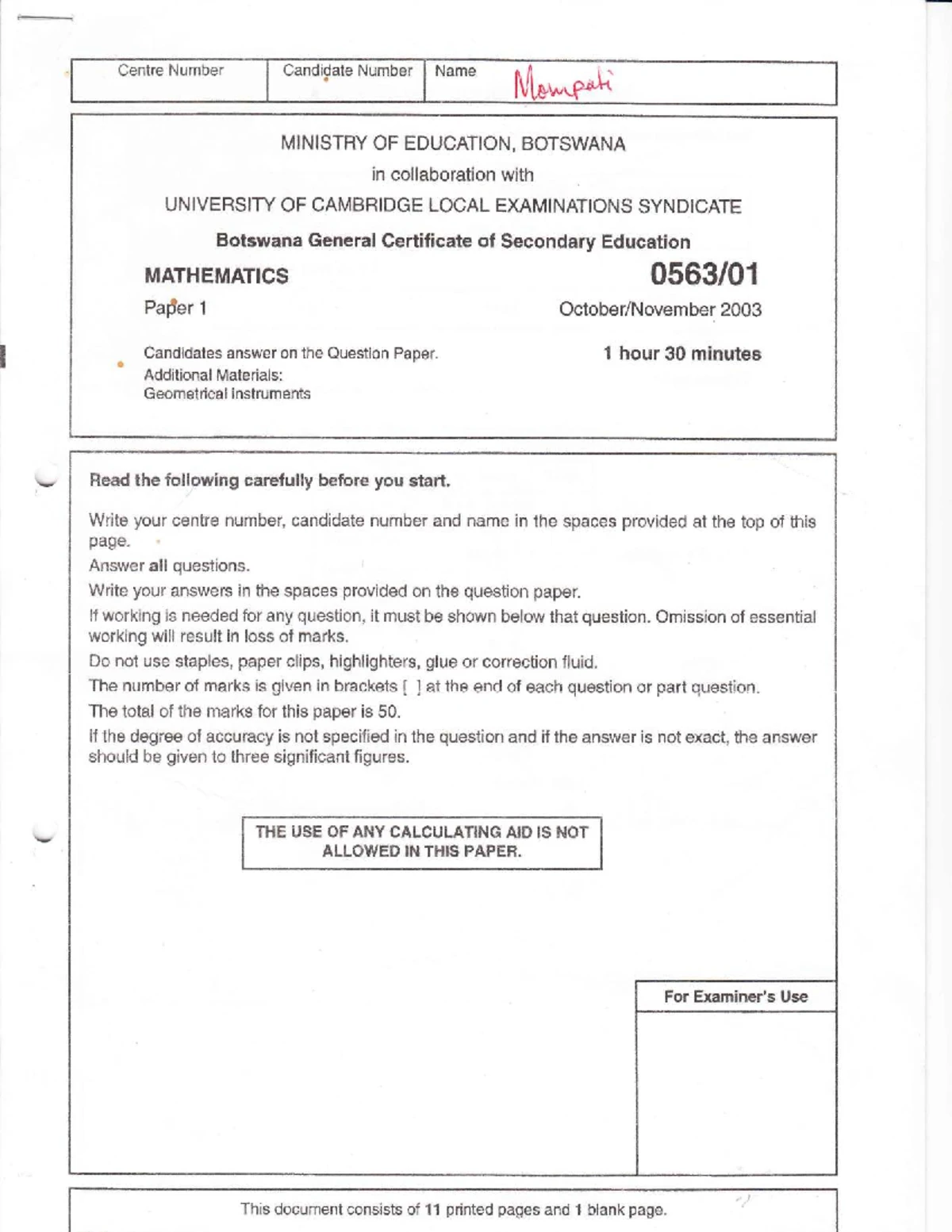Paper 3 2020 - BOTSWANA EXAMINATIONS COUNCIL Botswana General Certificate of Secondary Education ...