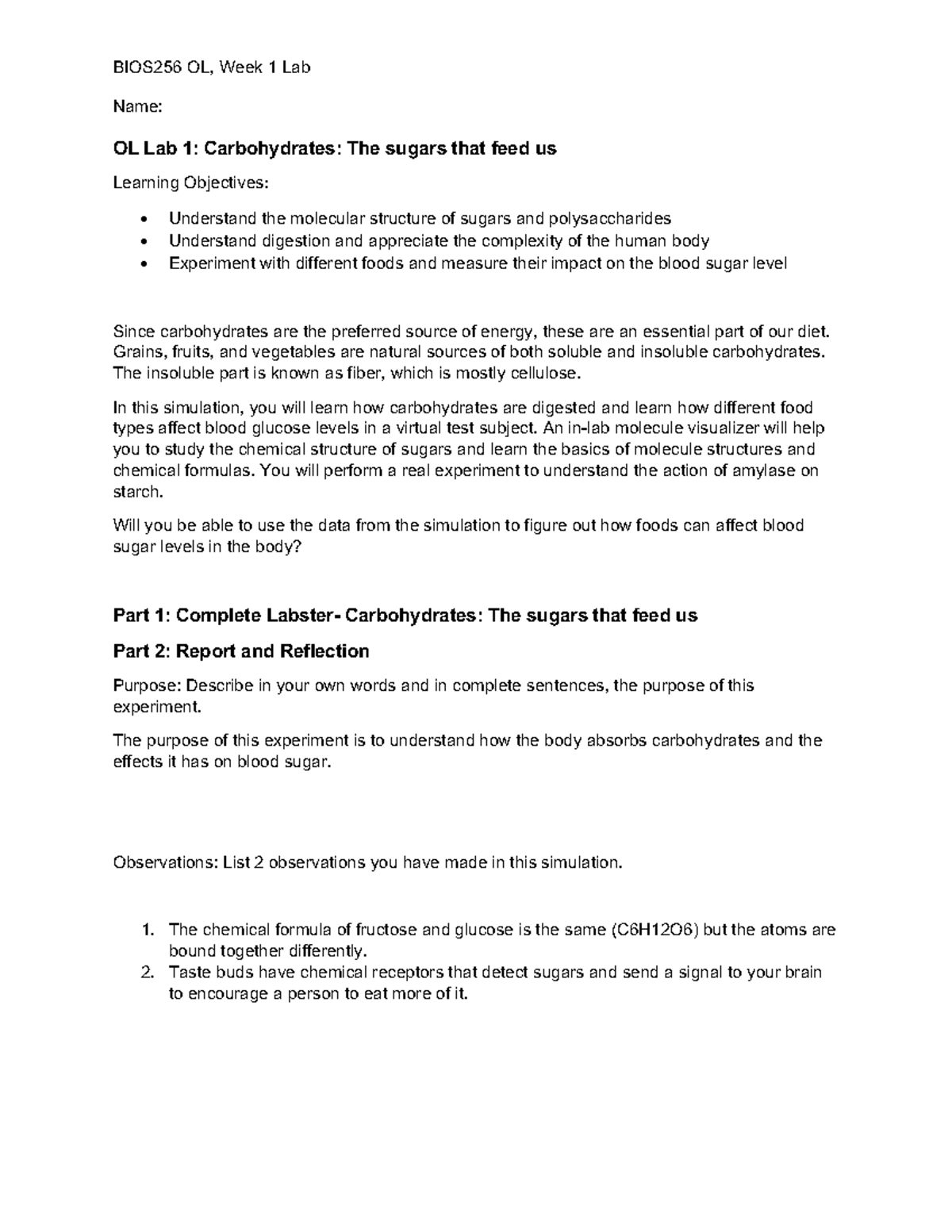 BIOS256 Week 1 Lab: Exploring Carbohydrates and Their Impact - Studocu