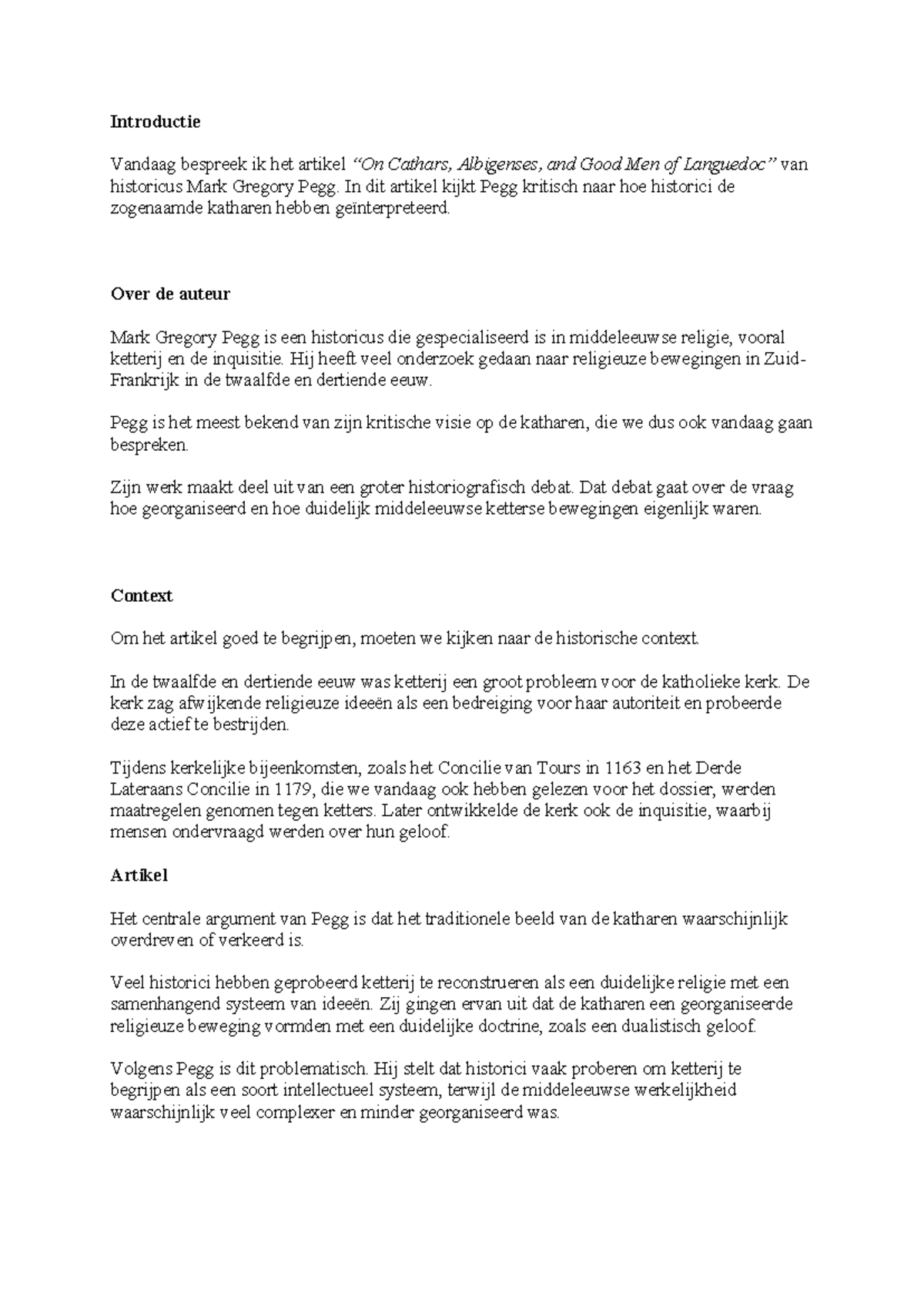Referaat over Mark Gregory Pegg's Kritische Analyse van Katharen ...