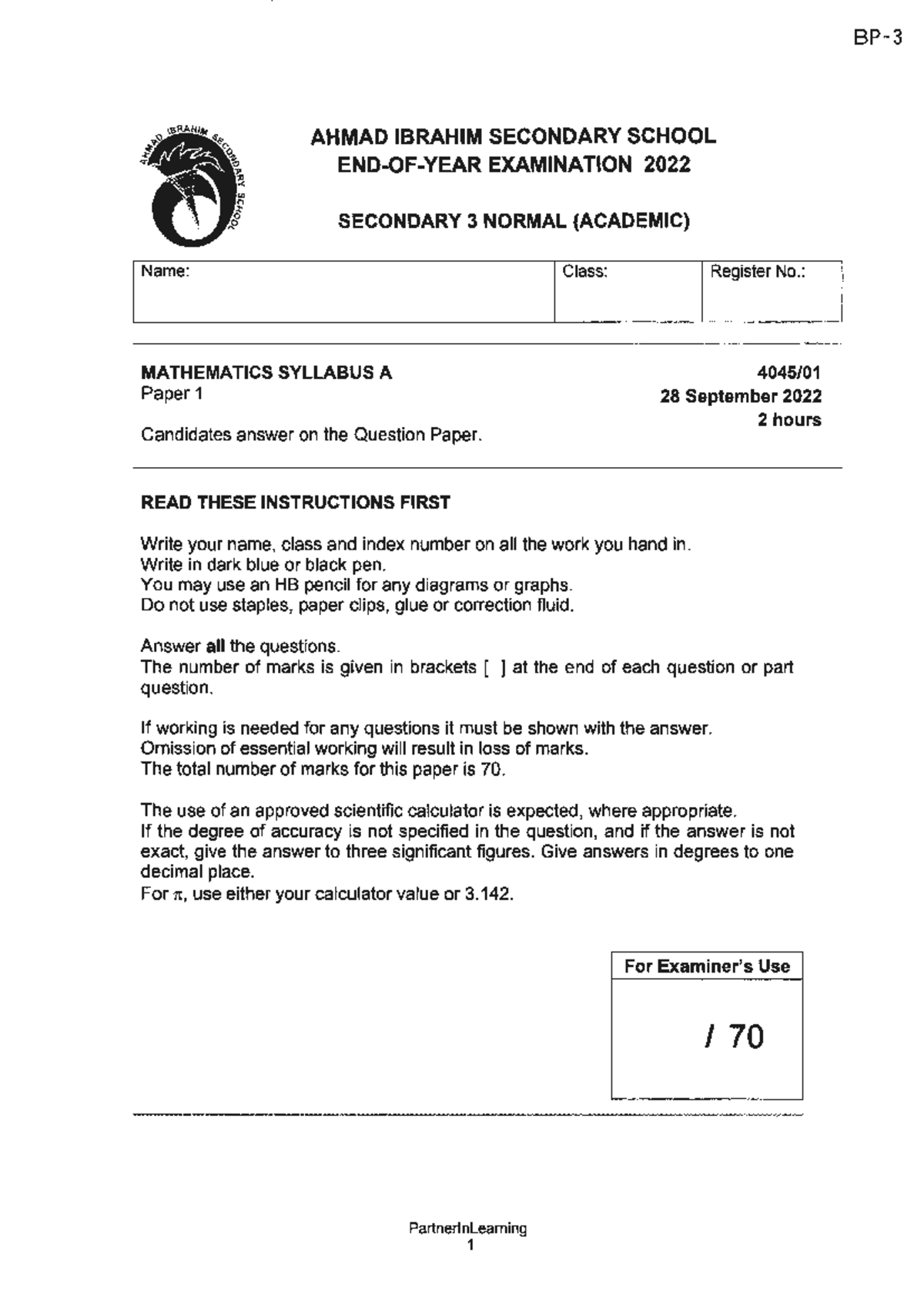 E-Math Sec 3 Final Exam 2022 - Ahmad Ibrahim School - Studocu
