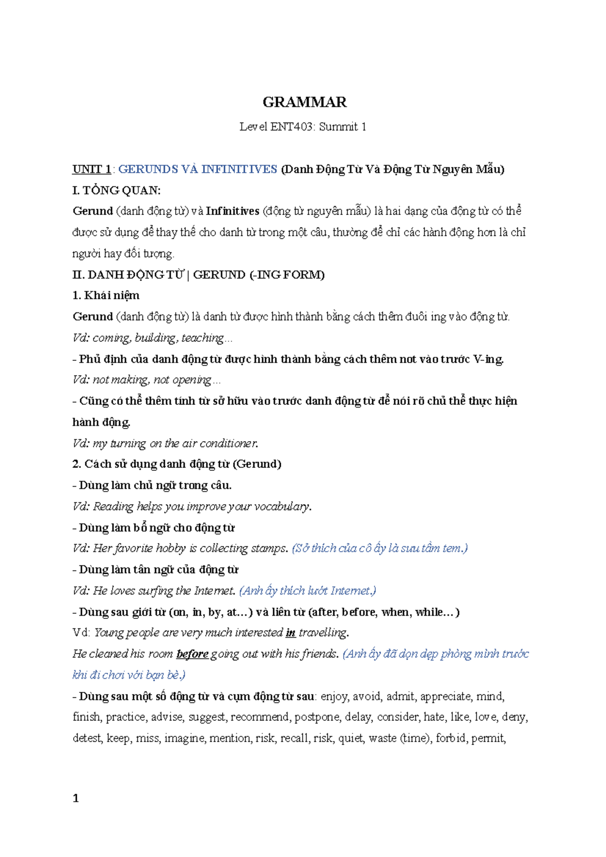 ENT403 Grammar - Grade: 8 - GRAMMAR Level ENT403: Summit 1 UNIT 1 ...