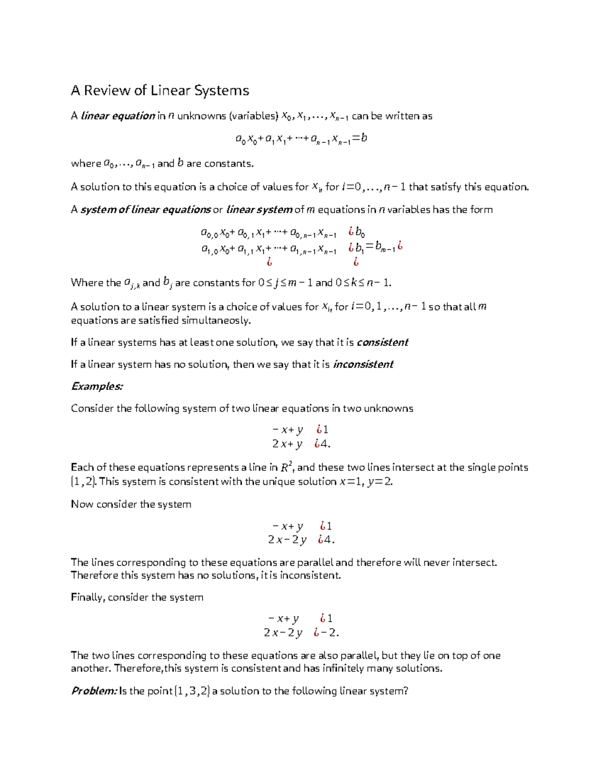 week 1 notes linear algebra - A Review of Linear Systems A linear ...