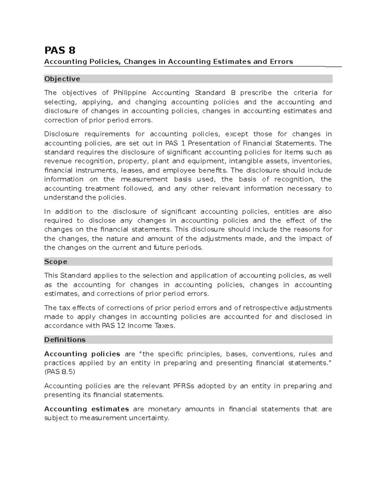 PAS-8 - Accounting Policies, Estimates, and Error Correction Notes ...