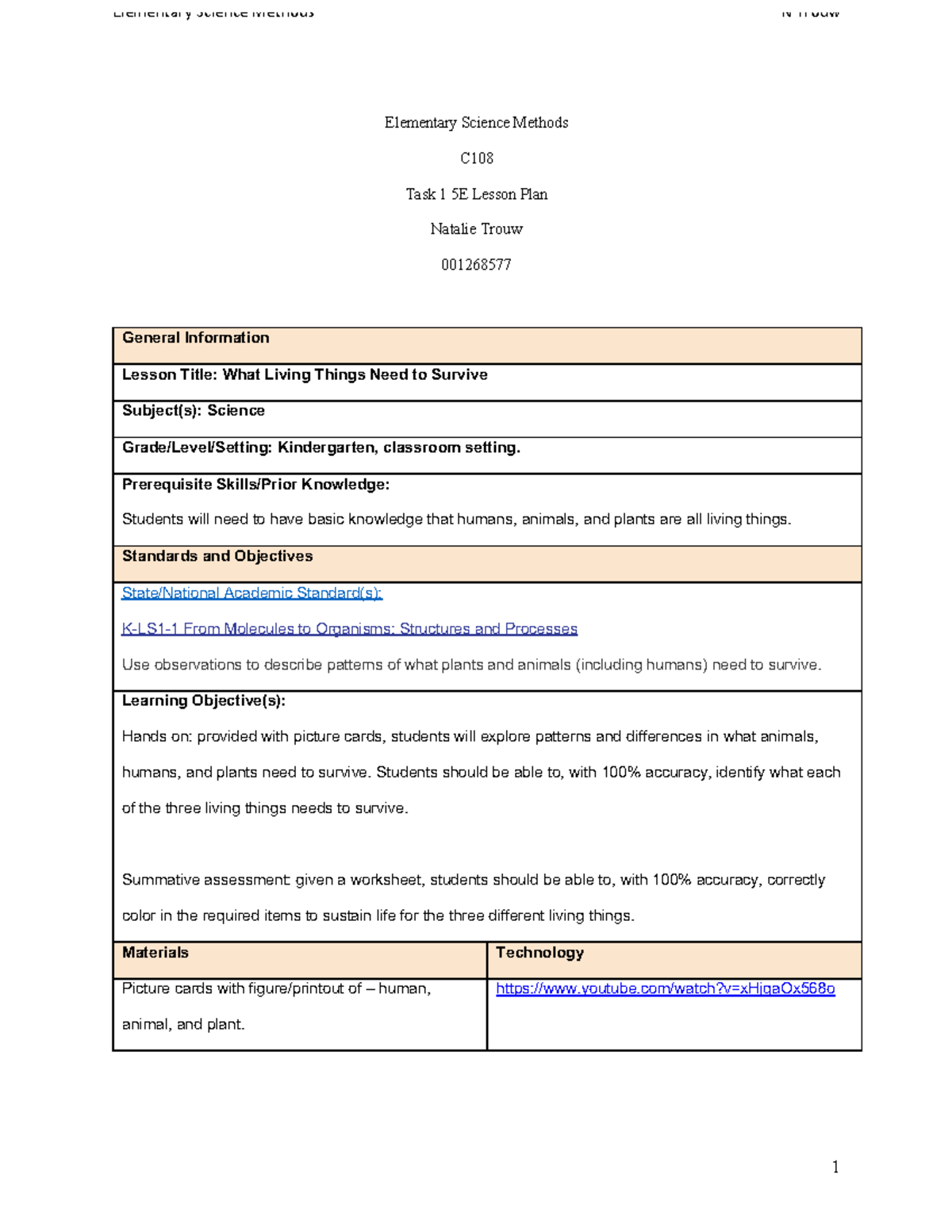Task 1 C108 - 5E Lesson Plan on Living Things' Needs to Survive - Studocu