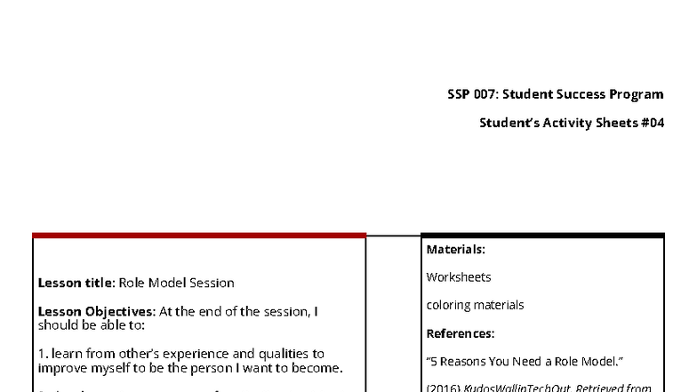 SSP 007: Role Model Session Worksheets for Student Success Program ...