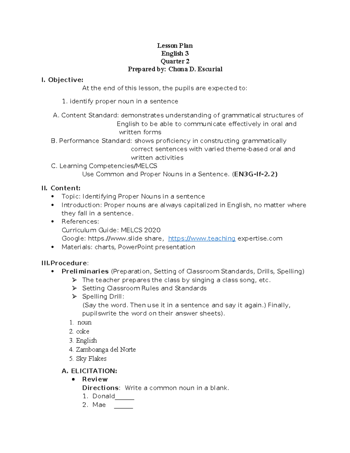 English 3 Lesson Plan: Identifying Proper Nouns in Quarter 2 - Studocu