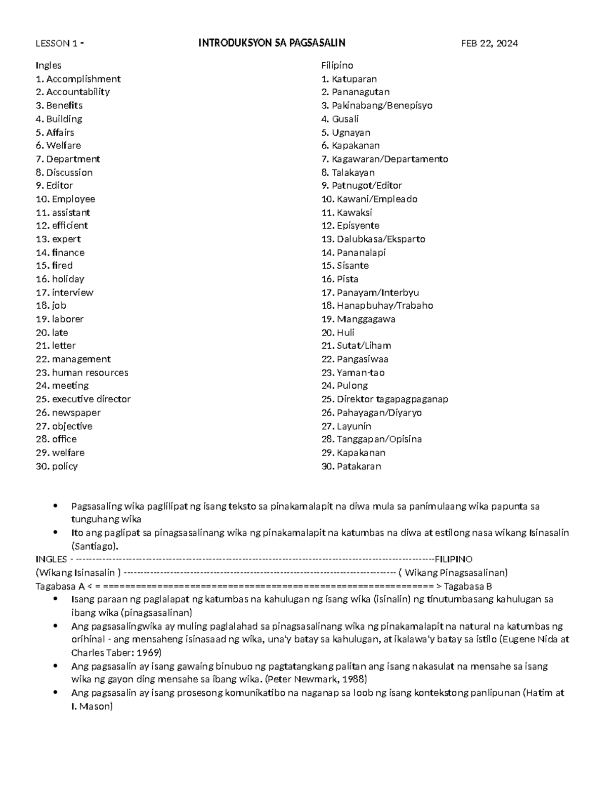 Lesson 1&2 - Pagsasalin Notes - LESSON 1 - INTRODUKSYON SA PAGSASALIN ...