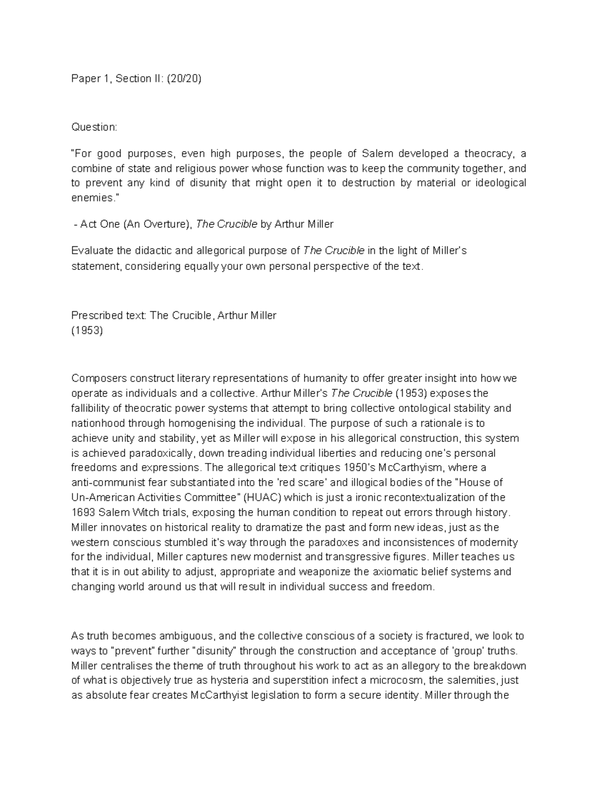 Paper 1, Section II: Essay on Allegory and Power in The Crucible - Studocu