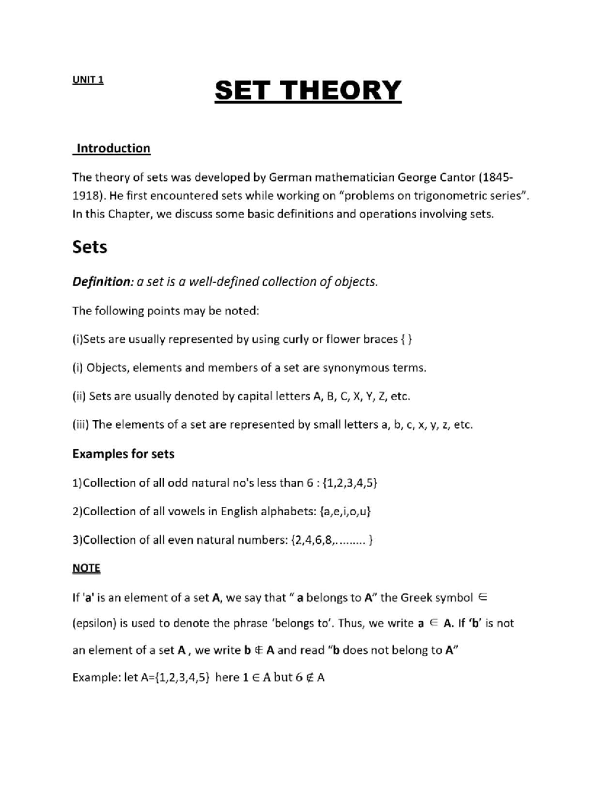 Unit 1: Set Theory Study Material and Key Concepts - Studocu