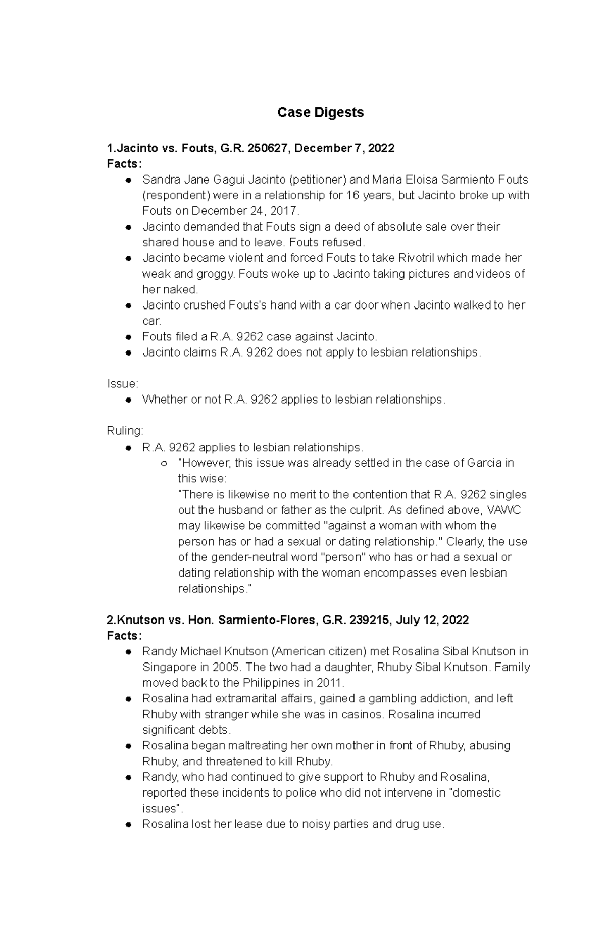 Case Digests on RA 9262 & Child Abuse Issues in Gender Law - Studocu